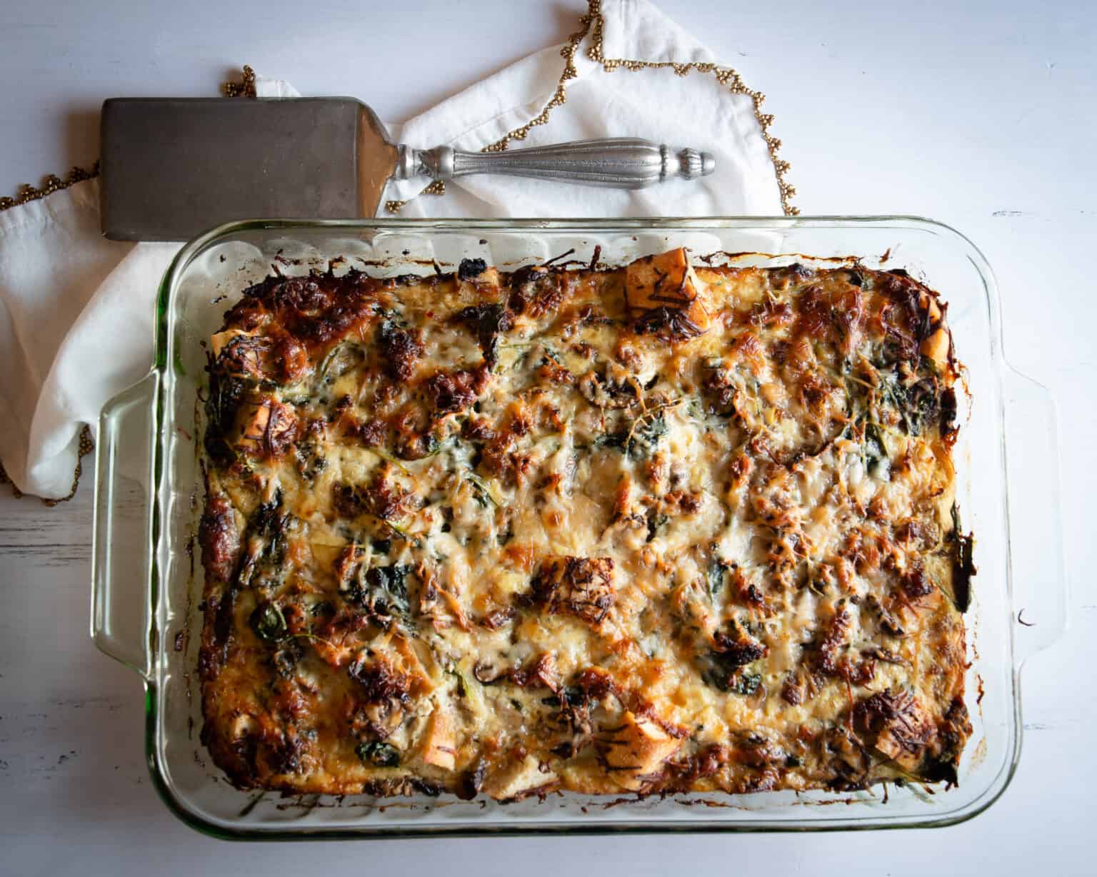 Cheesy Strata with Mushrooms, Kale and Sausage