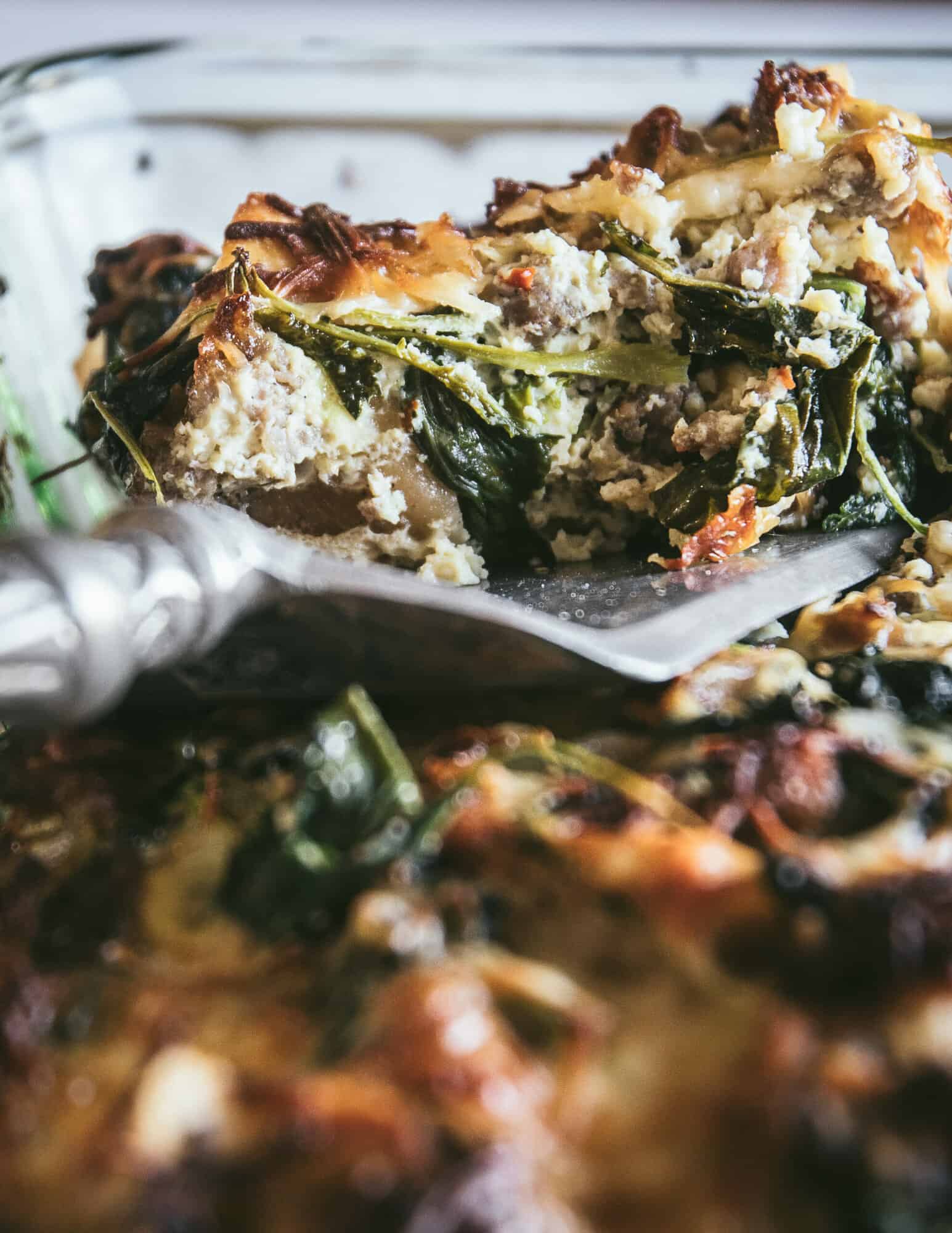 Cheesy Strata with Mushrooms, Kale and Sausage